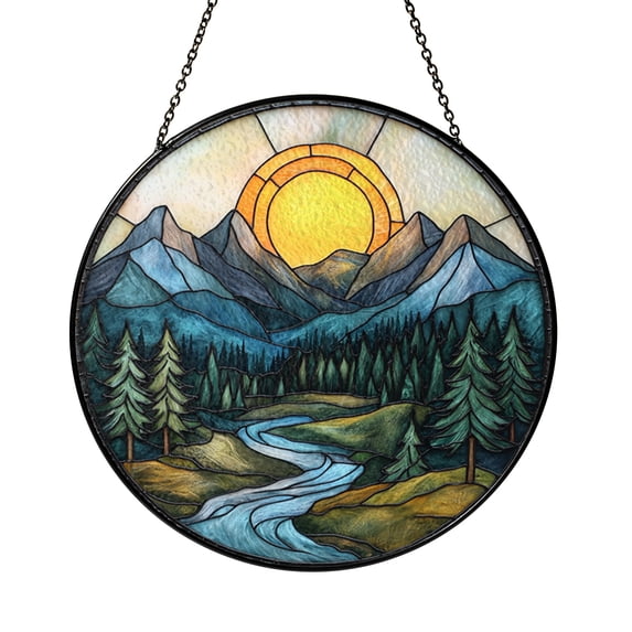 Scenic Mountain and Forest River Stained Glass Style Suncatcher Panel ...