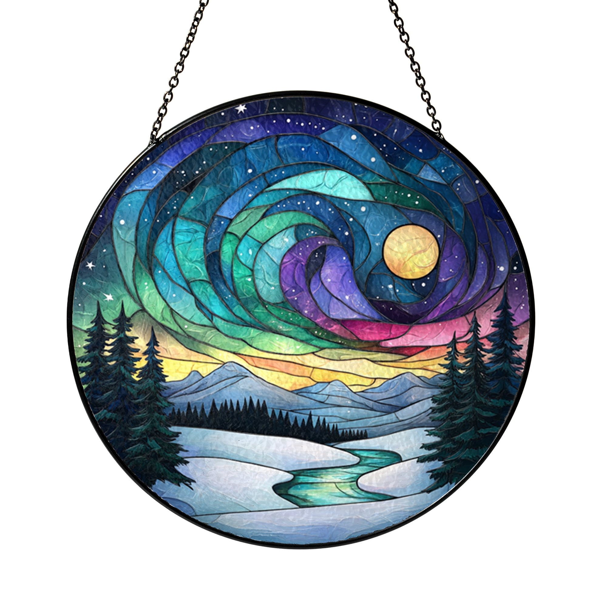 Scenic Night Landscape Stained Glass Style Window Hanging, Aurora Sky ...