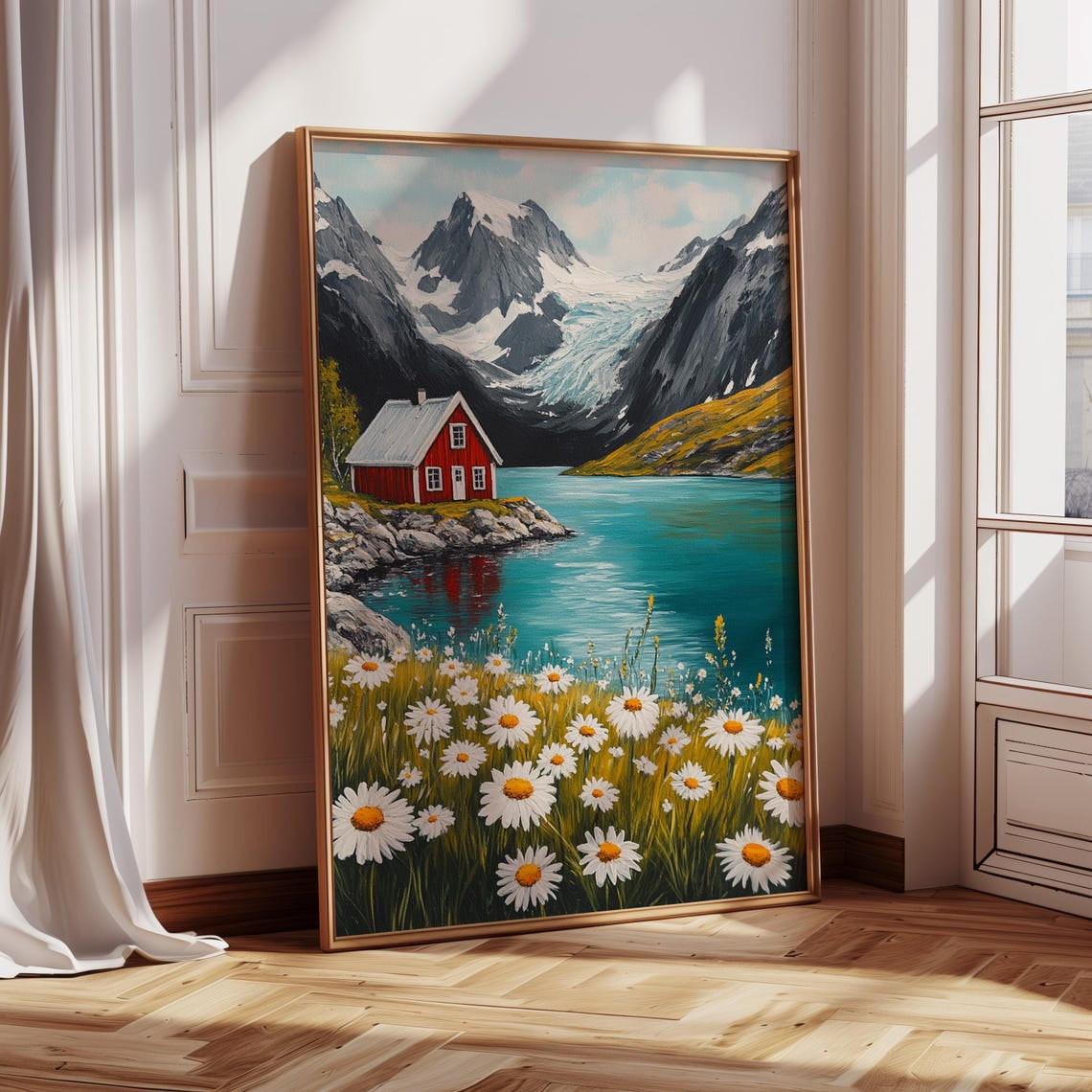 Scenic Nordic Cabin Art Print – Red House By Glacier Lake With Daisies ...