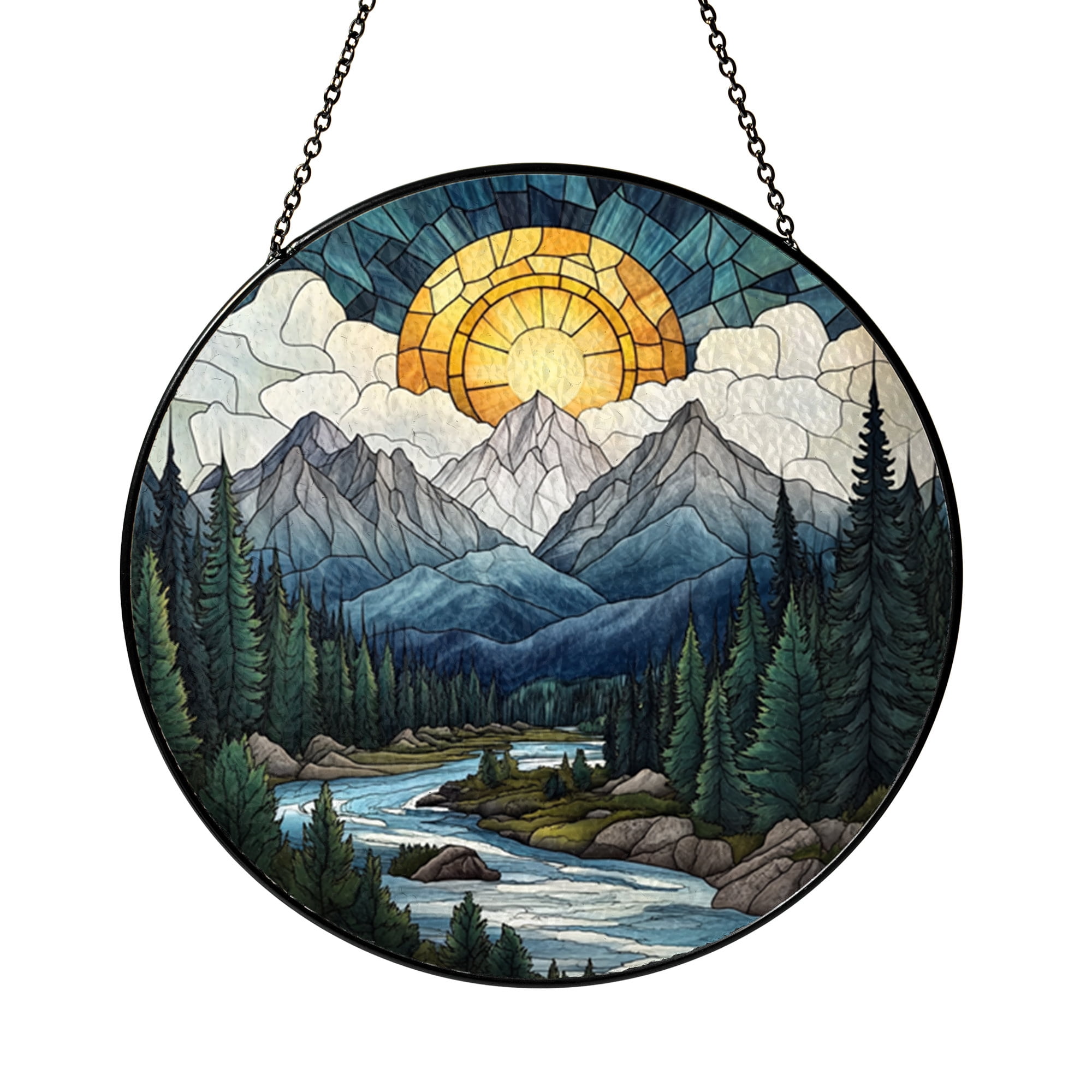 Scenic River and Pines Stained Glass Style Suncatcher – Round Window ...