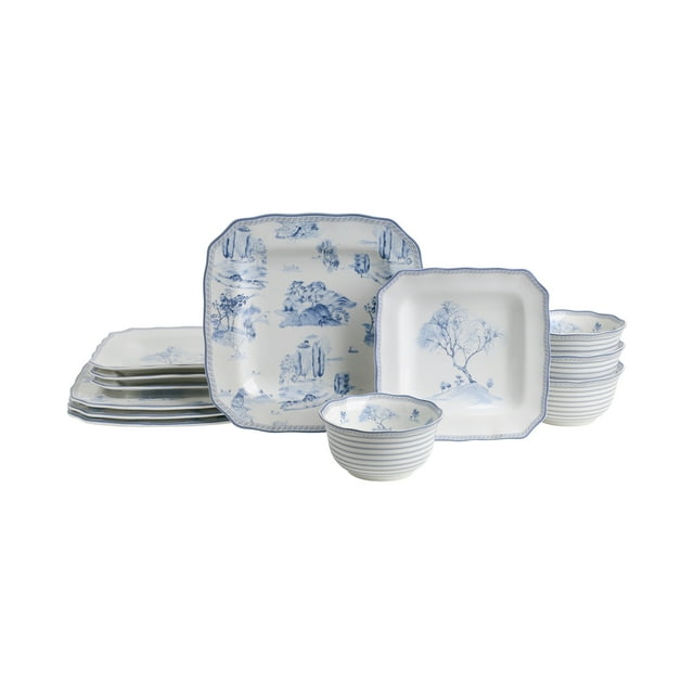 222 Fifth Scenic Toile Blue Porcelain 12-Piece Dinnerware Set - Walmart.com