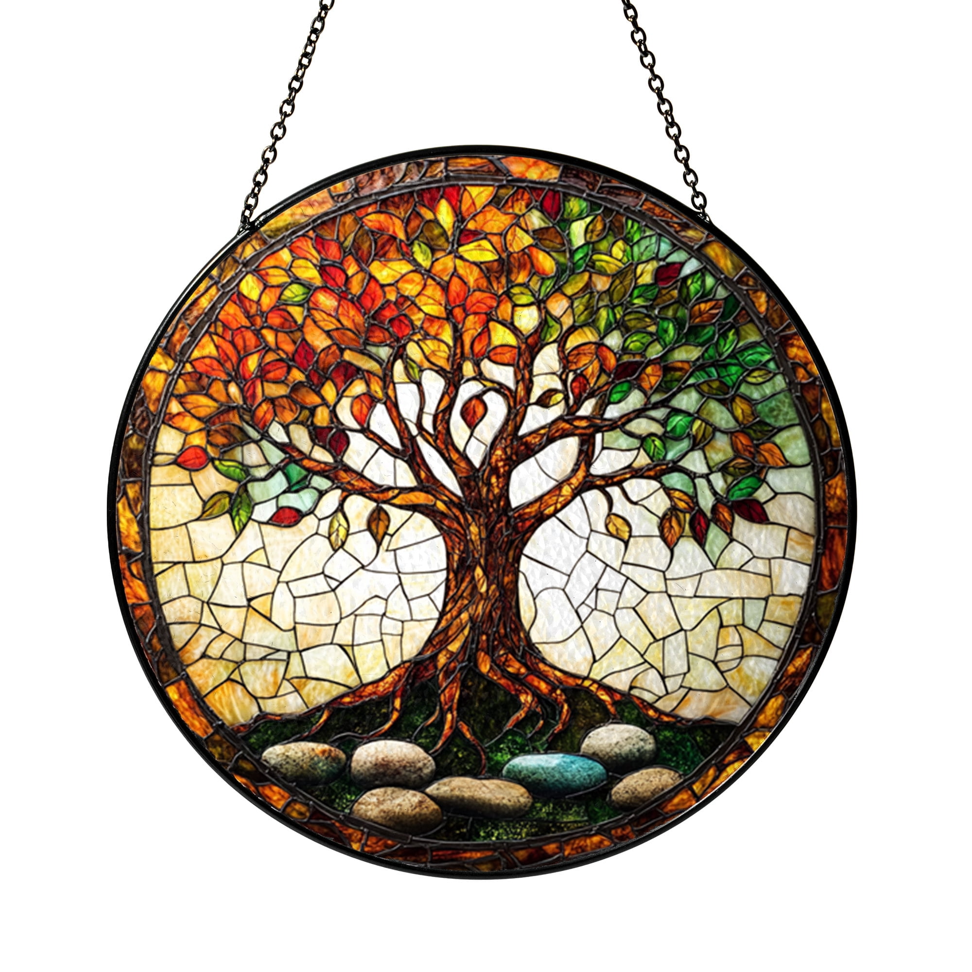 Scenic Tree Illustration Stained Glass Style Suncatcher – Round Window ...
