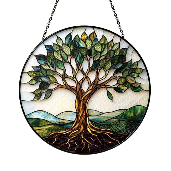 Scenic Tree Silhouette Stained Glass Suncatcher, Round Window Decor ...