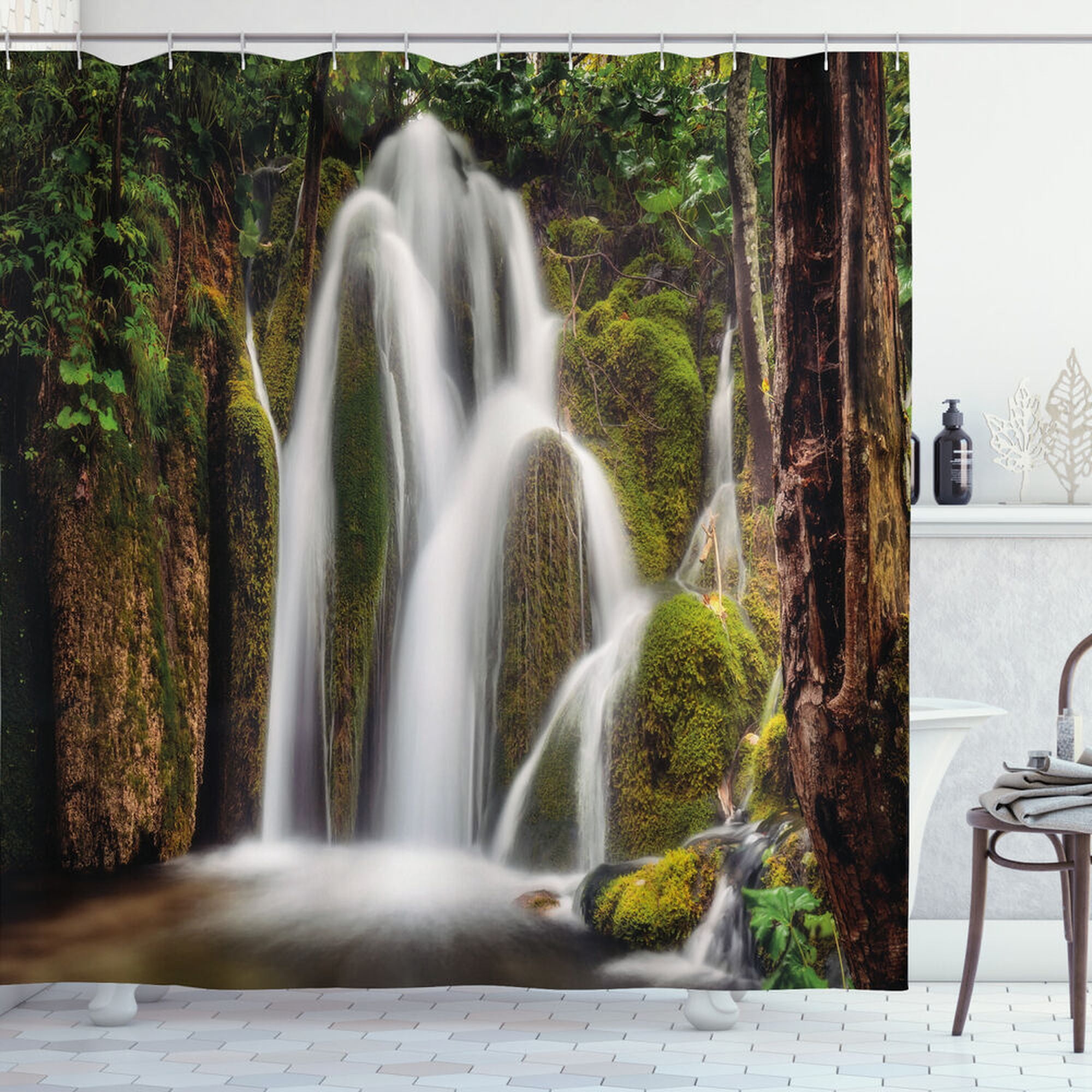 Nature Shower Curtain Waterfall Forest Cascade Print for Bathroom ...