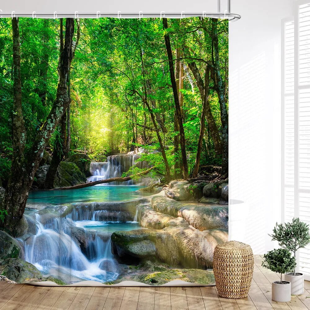 Scenic Waterfall Shower Curtain Nature Green Forest Tree Water Lake