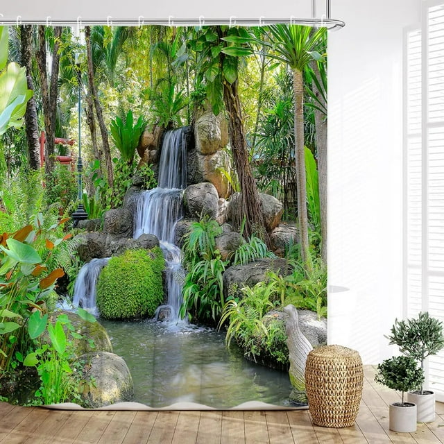 Scenic Waterfall Shower Curtain Nature Green Forest Tree Water Lake