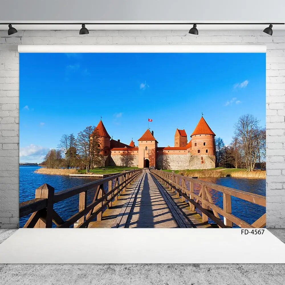 Scenic Wooden Bridge River Castle Blue Sky Scenery Background Children ...