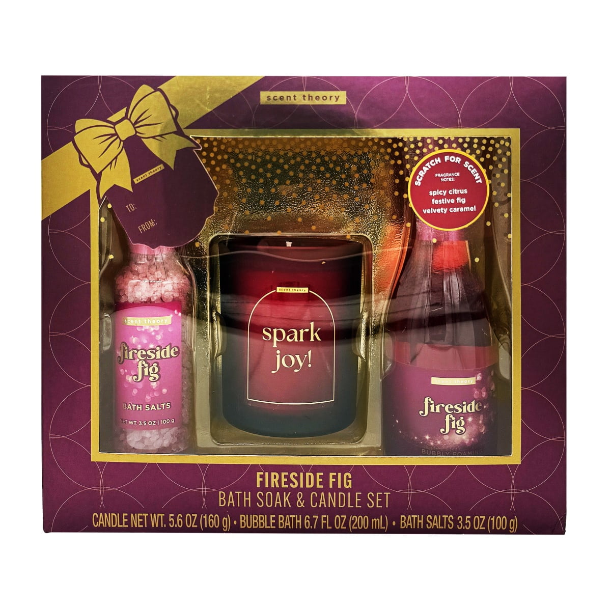 Scent Theory Fireside Fig Bath Soak and Candle Gift Set, 3 Piece ...