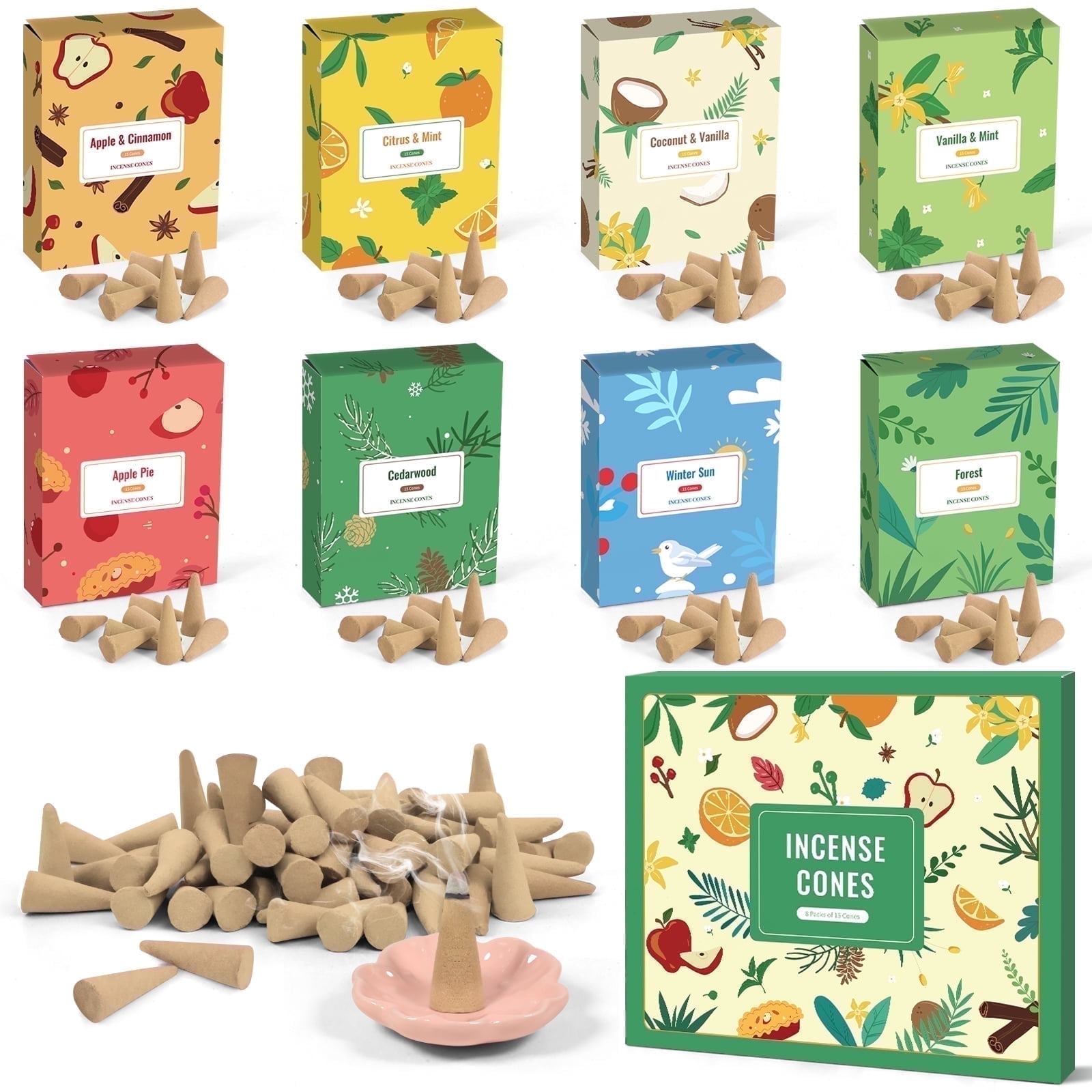 SCENTORINI Scented Incense Cone with Holder, Mixed Scents Cone Gift Set ...