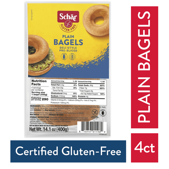 Schar Gluten Free classic and chewy Pre-Sliced Plain Bagels, 14.1 oz ...