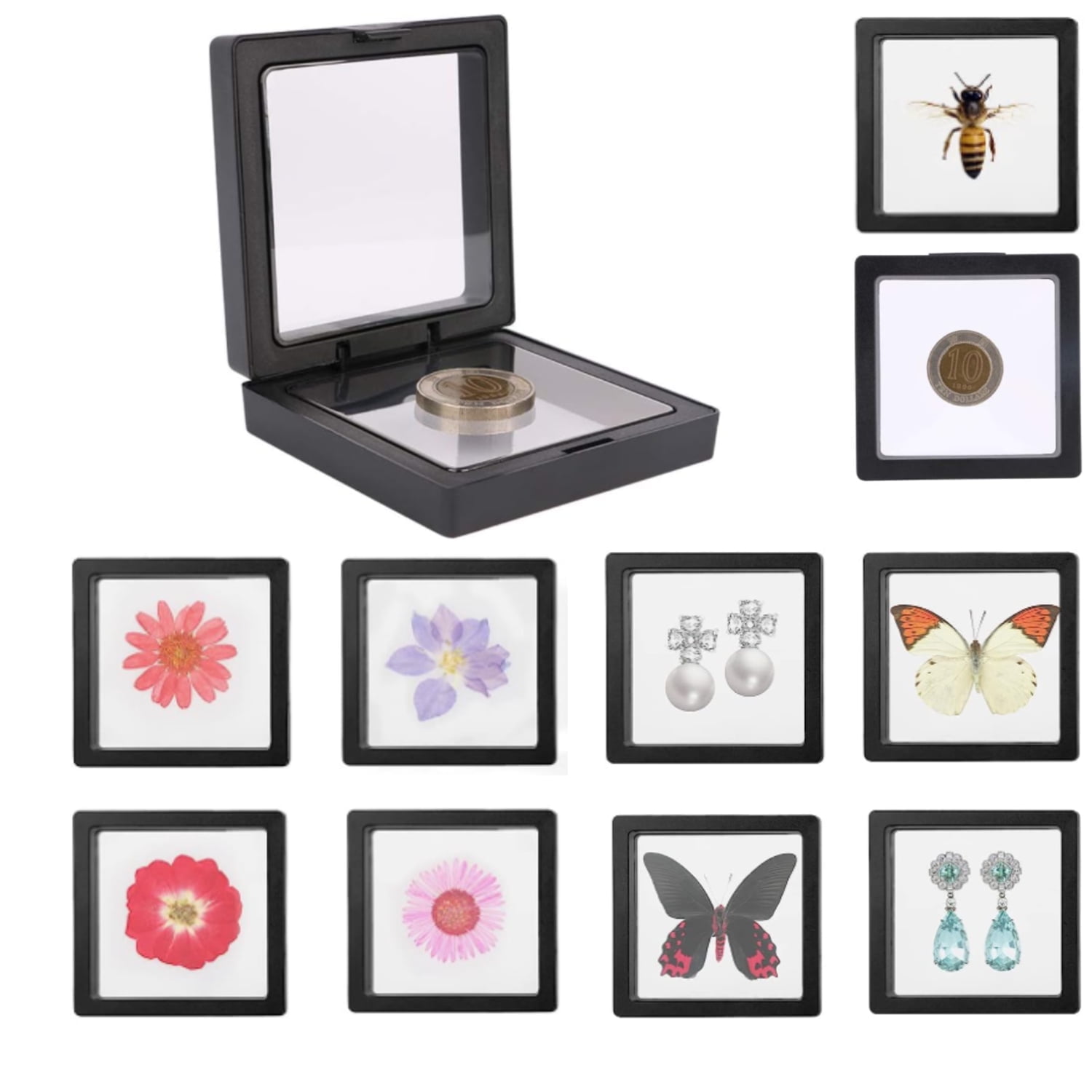 Scheam 10Pcs Floating Display Case, Black 3D Floating Frame Display Holder Stand, Transparent PE ...