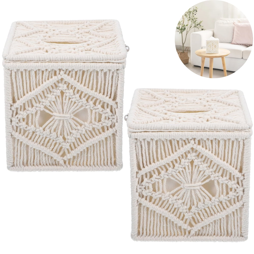Scheam 2 Pack Handmade Woven Tissue Cube Box with Bead Buckle,Macrame ...