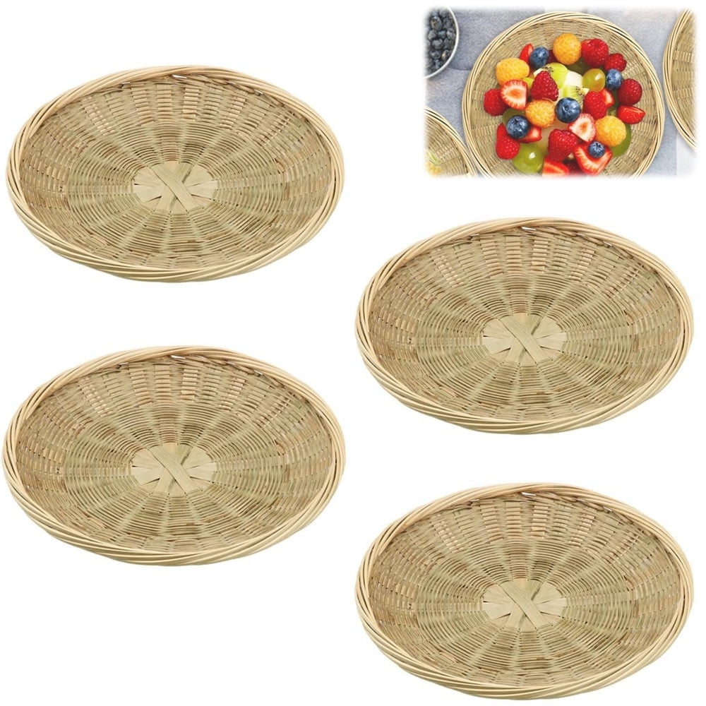 Scheam 4 Pcs Natural Bamboo Paper Plate Holder,Wicker Fruit Basket,Hand ...