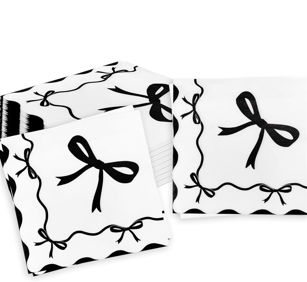 Scheam 40 Pcs Black Bow Cocktail Napkins Scalloped Edges Disposable ...