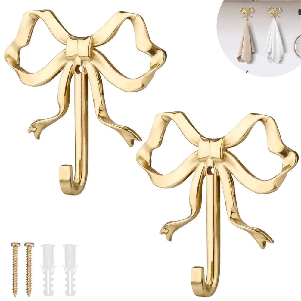 Scheam Gold Wall Mount Bow Hooks 2 Pcs Decorative Knot Purse Hanger 3.5 ...