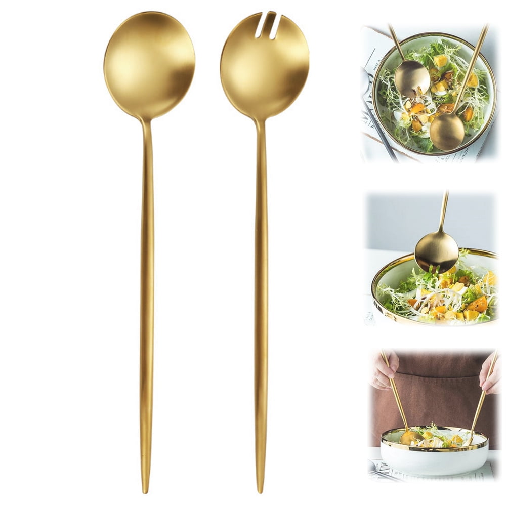 Scheam Stainless Steel Salad Spoon and Fork Set,Gold Salad Tools,11.4 ...