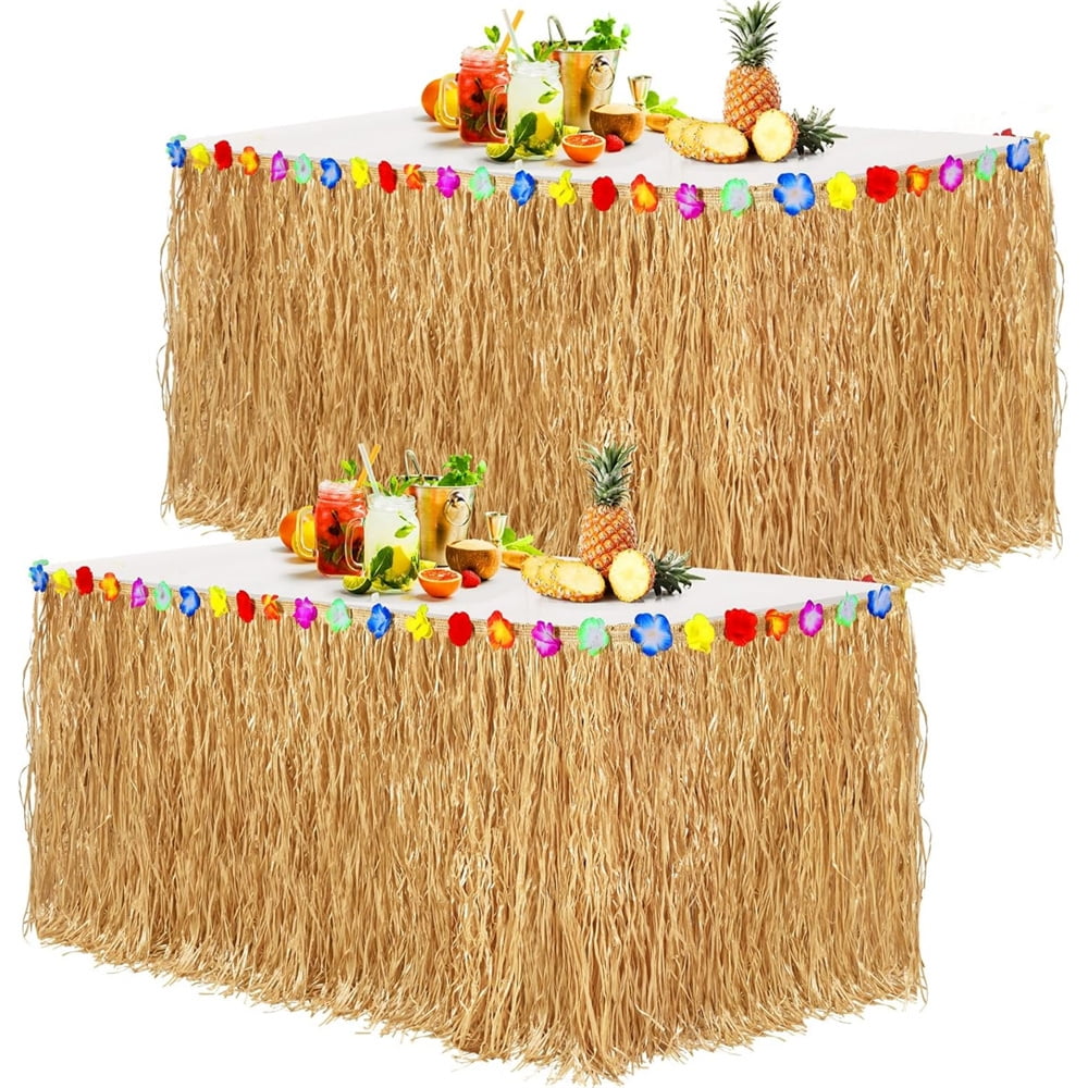 Scheam Tropical Grass Table Skirt with Hibiscus Flowers,Natural Grass ...