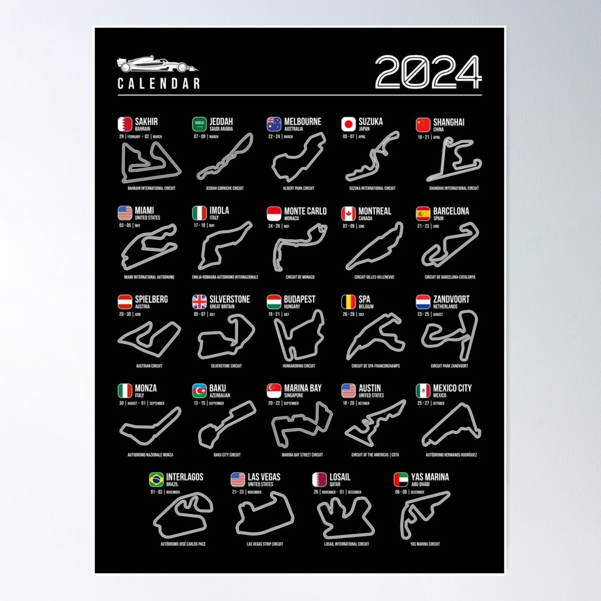 Schedule Formula Racing Cars 2024 (B&W) Poster Wall Art, Modern Wall ...