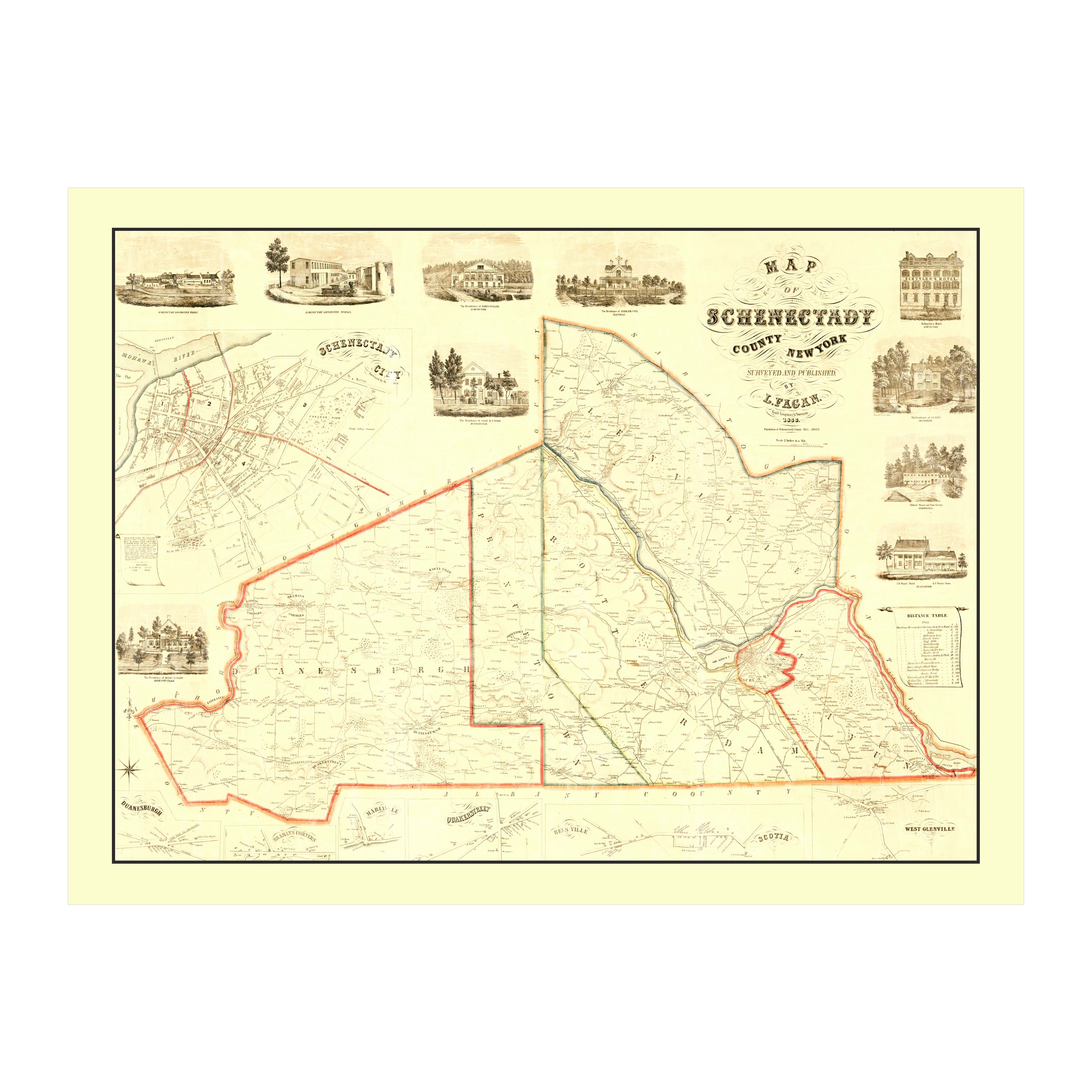 Schenectady County New York Art, 1856 Vintage Map of Schenectady County NY History Wall Decor ...