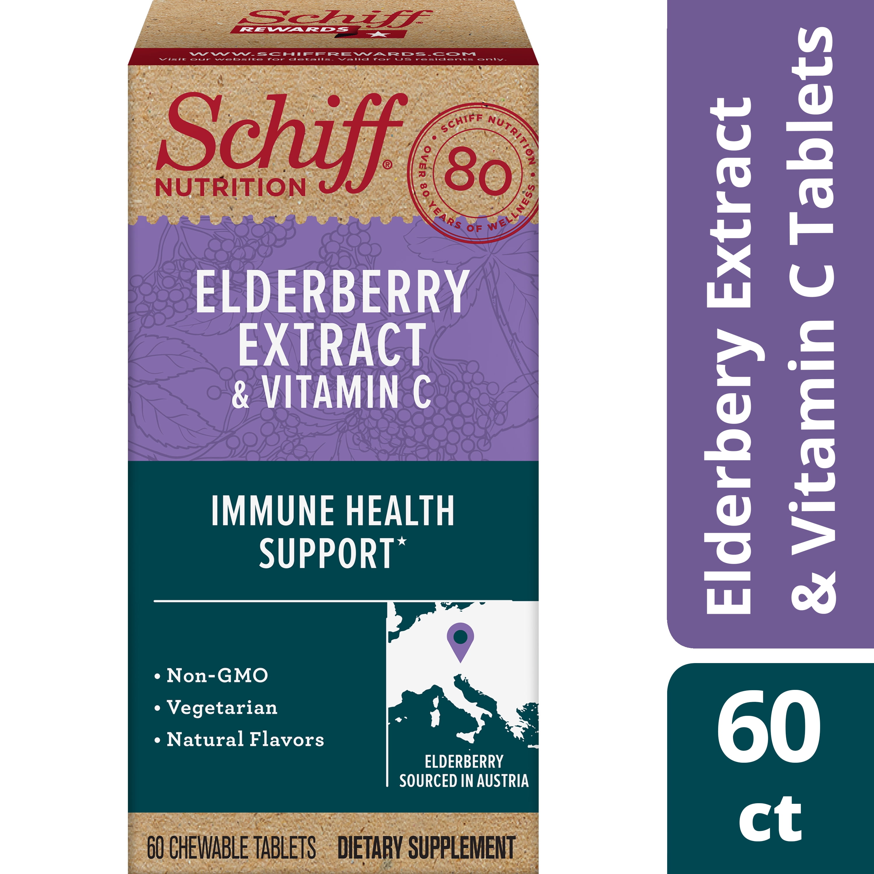 Schiff Elderberry Extract & Vitamin C Chewable Tablets (60 count), Vegetarian & Non-GMO ...