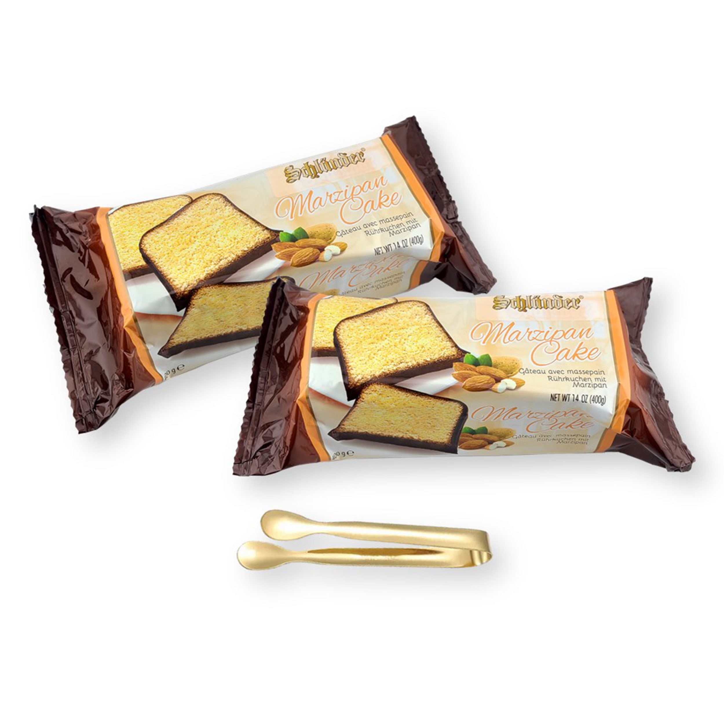 Schlunder Marzipan Cake Chocolate Covered 14 oz. (400 g) X 2 with Mini Gold Stainless Steel ...