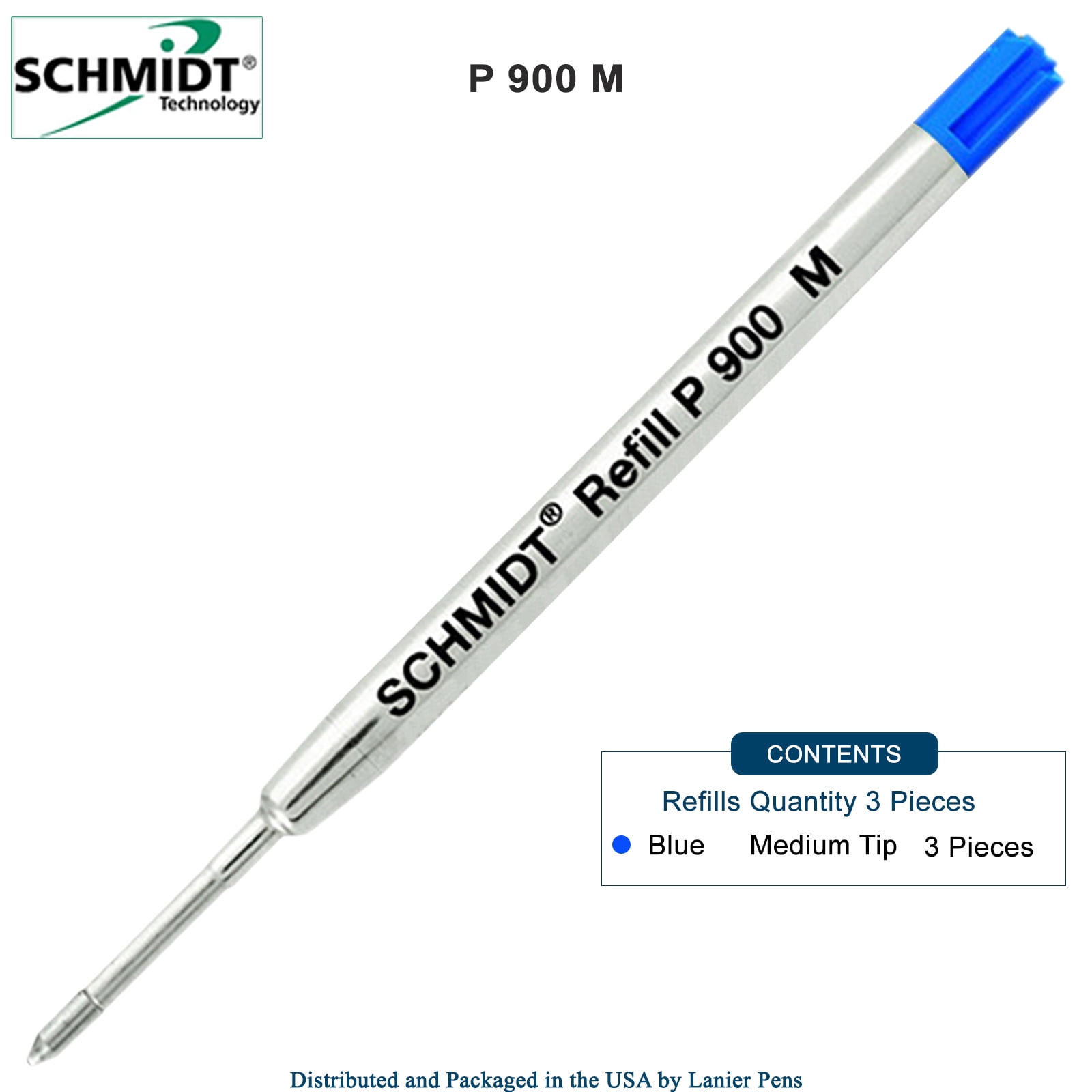 Schmidt P900 Blue 3-Pack M Parker-Style Ballpoint Refill, 0.7mm Medium ...