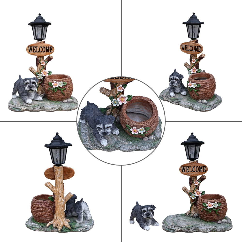 Schnauzer Dog Solar Planter Statue with LED Light, Resin Outdoor Decor ...