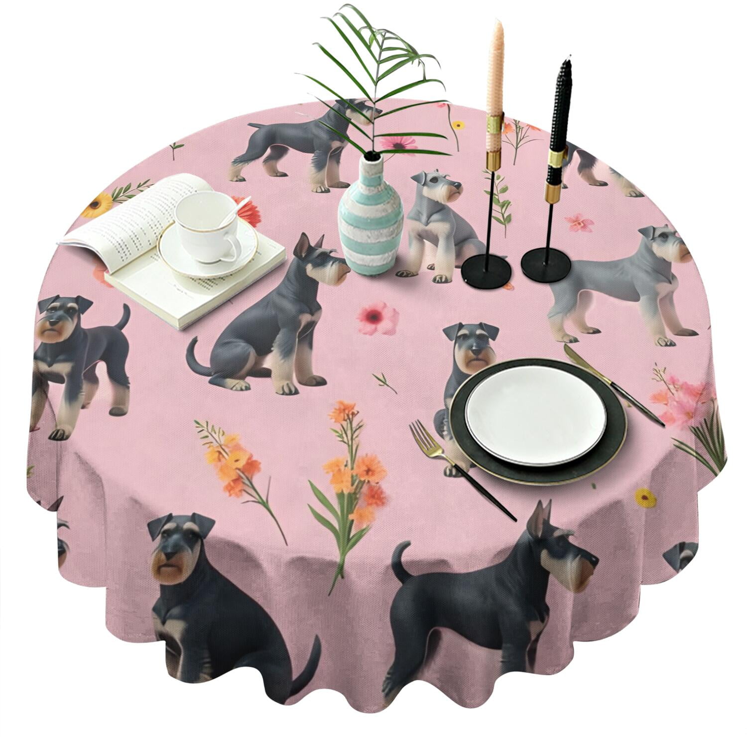 Schnauzer Dogs and Pioneer Flower Round Tablecloth 60"x60",Wrinkle ...