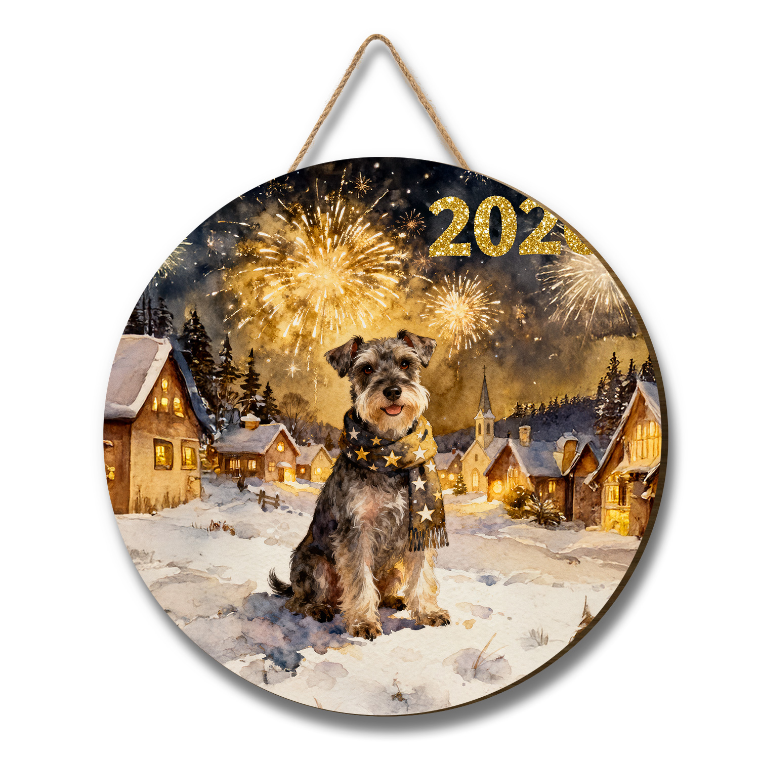 Schnauzer Happy New Year 2026 with Fireworks on New Year's Eve Round ...