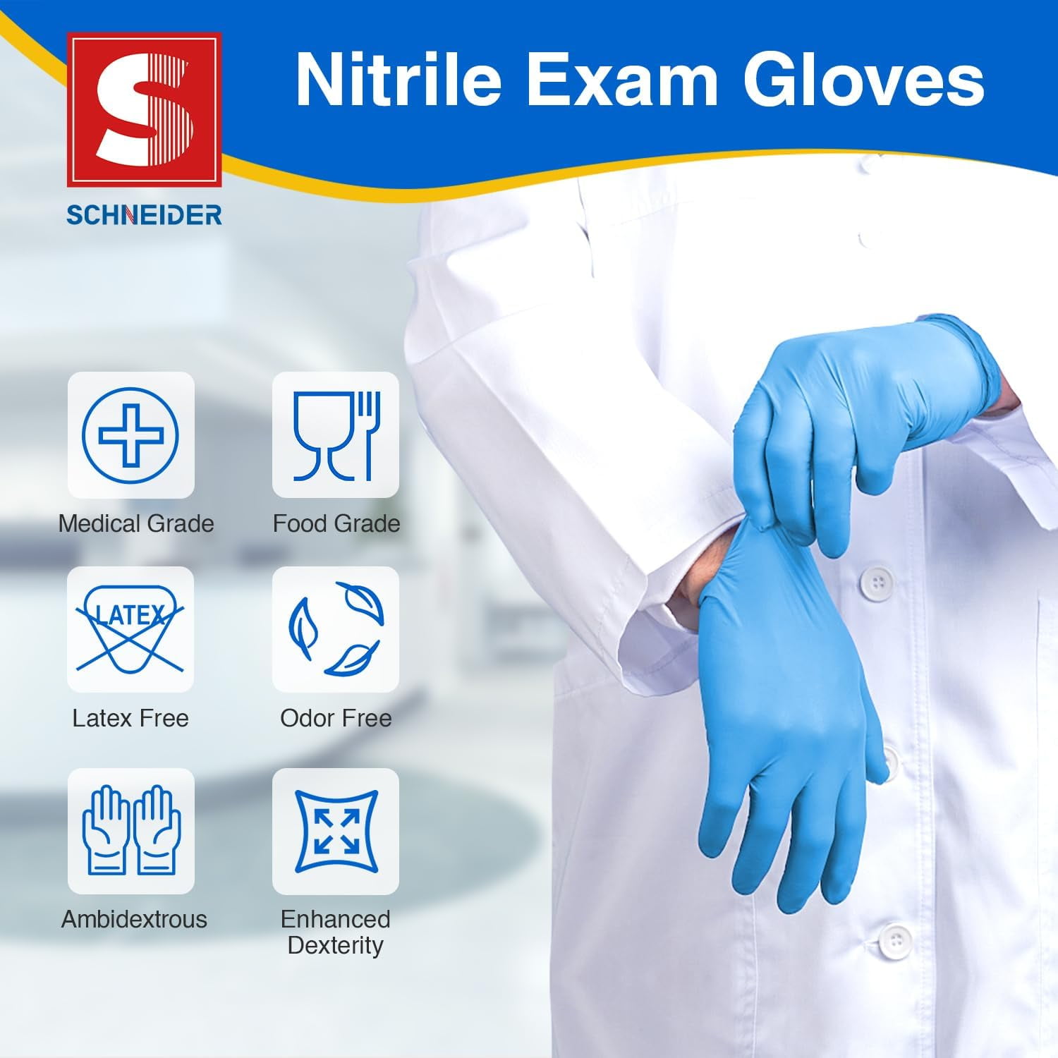 Schneider Nitrile Exam Gloves, Blue Disposable Gloves, Medical Grade ...