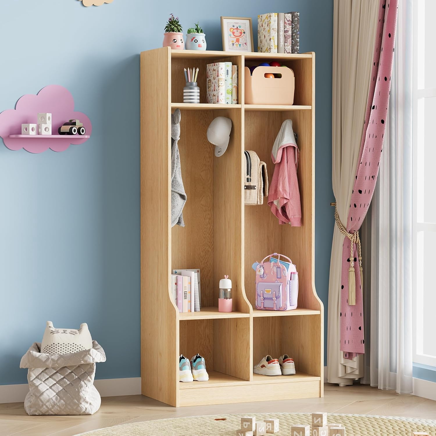 School, 2-Section Classroom Coat Locker with 4 Cubbies, Natural ...