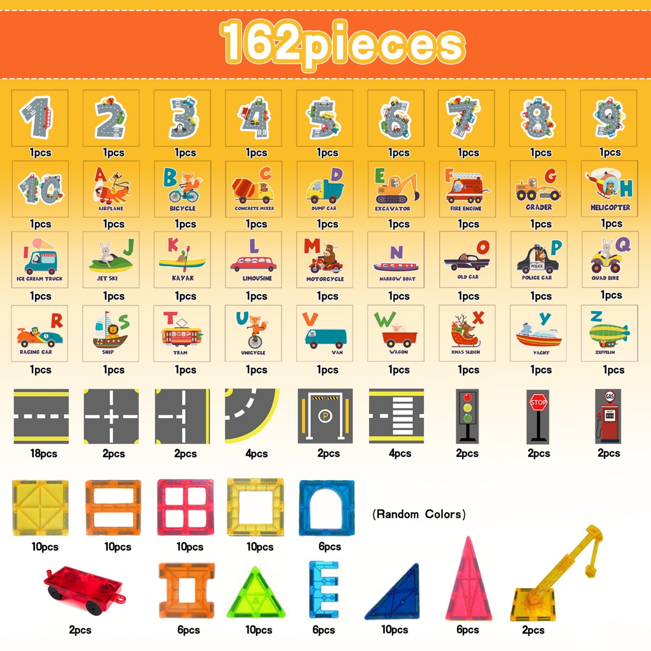 162pcs Traffic Themed Magnetic Blocks With 2 Cars and 2 Cranes,Kids ...