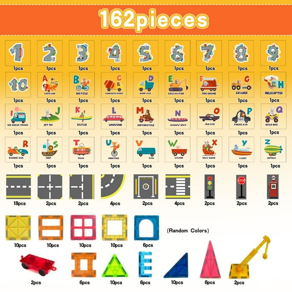 162pcs Traffic Themed Magnetic Blocks With 2 Cars and 2 Cranes,Kids ...