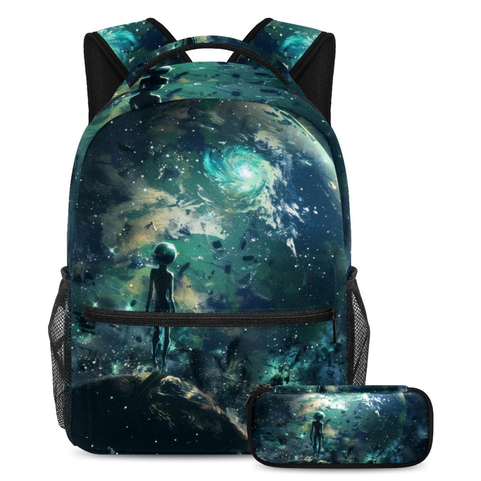 School Backpack Pencil Case Set Galaxy Alien Earth Bookbag for Students ...