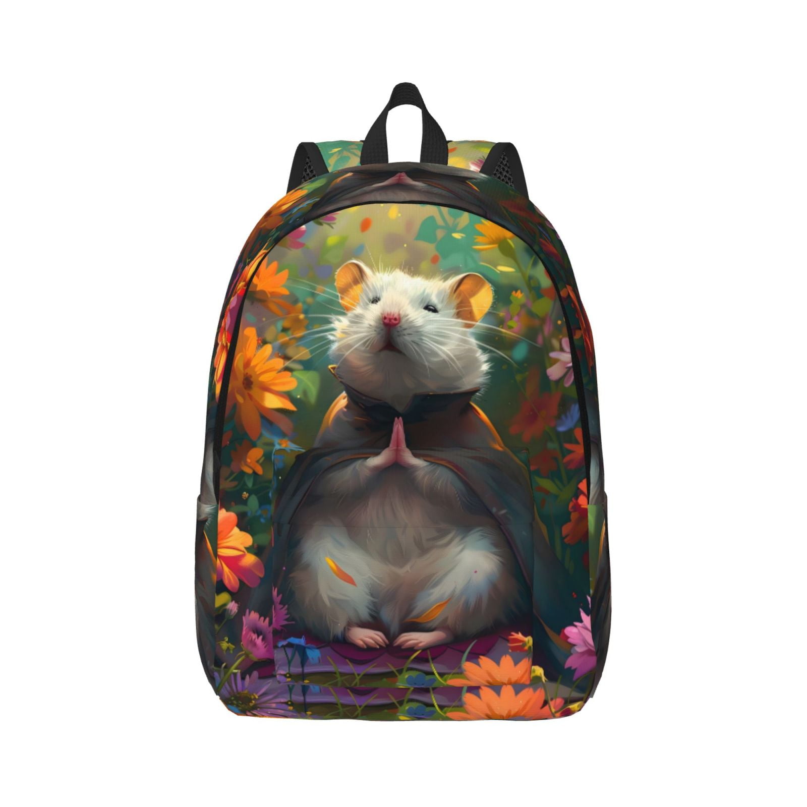 School Backpack for Women/Men - Colorful Flower Meditating Hamster ...