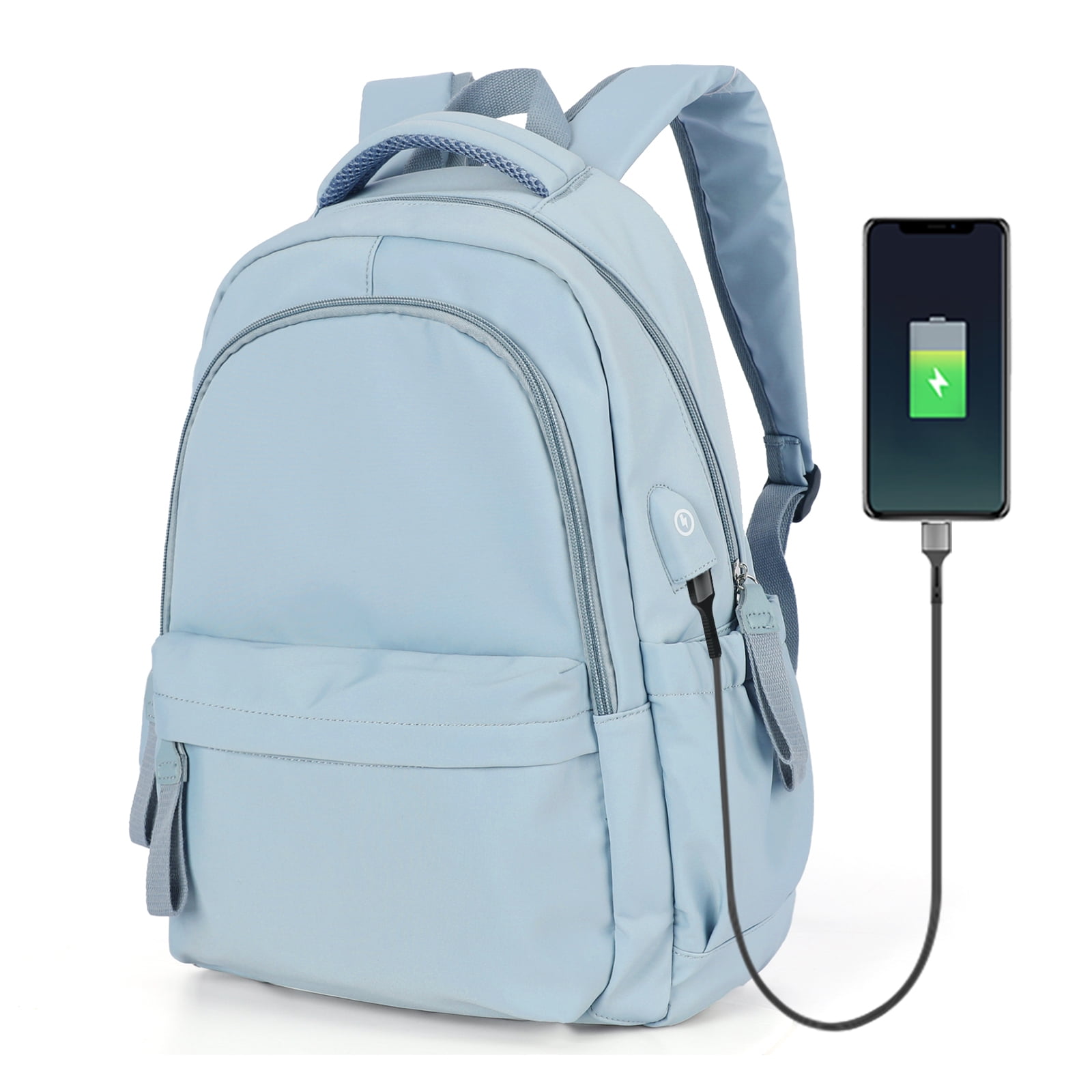 Waterproof School Backpack - Laptop Compartment & Pockets, Light Blue ...