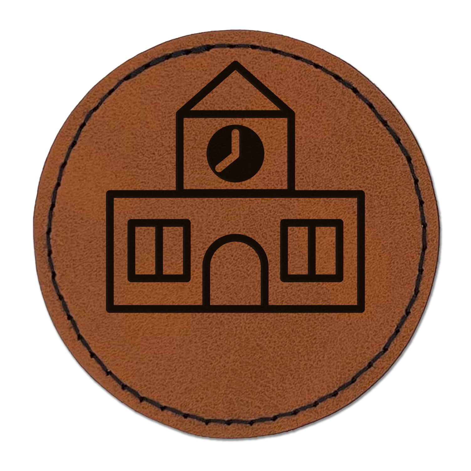 School Building Icon 2.5" Faux Leather Round Engraved Iron-On Patch ...