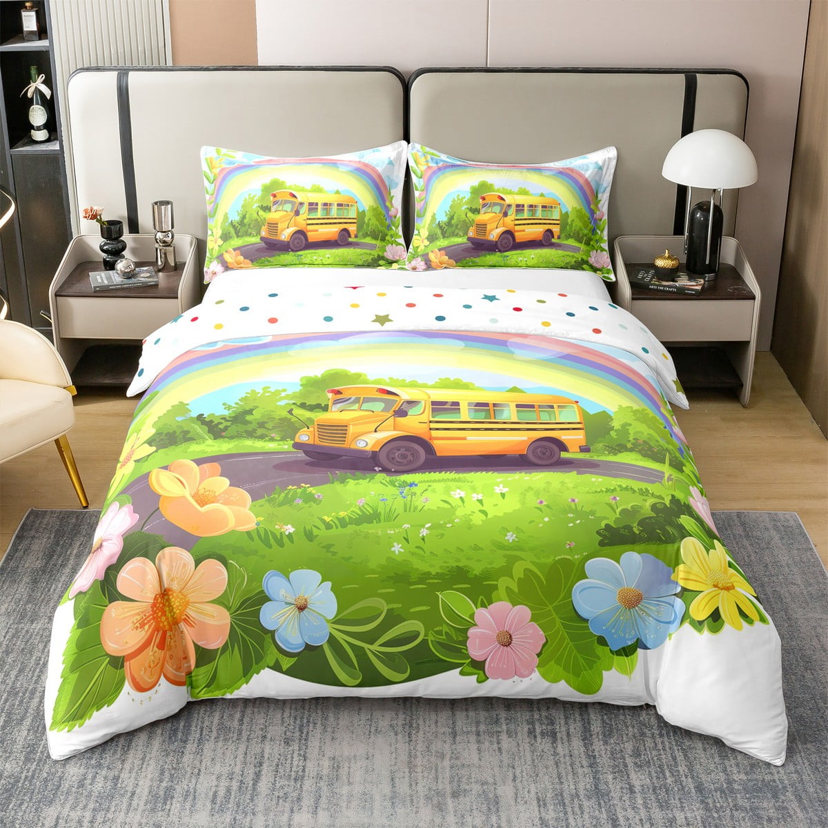 School Bus 100% Cotton Duvet Cover Full Size, Cartoon Flowers Rainbow ...