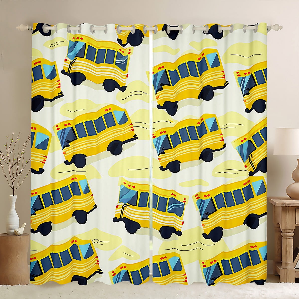 School Bus 30%-50% Blackout Curtains Geometry Stripes Curtains Cartoon ...