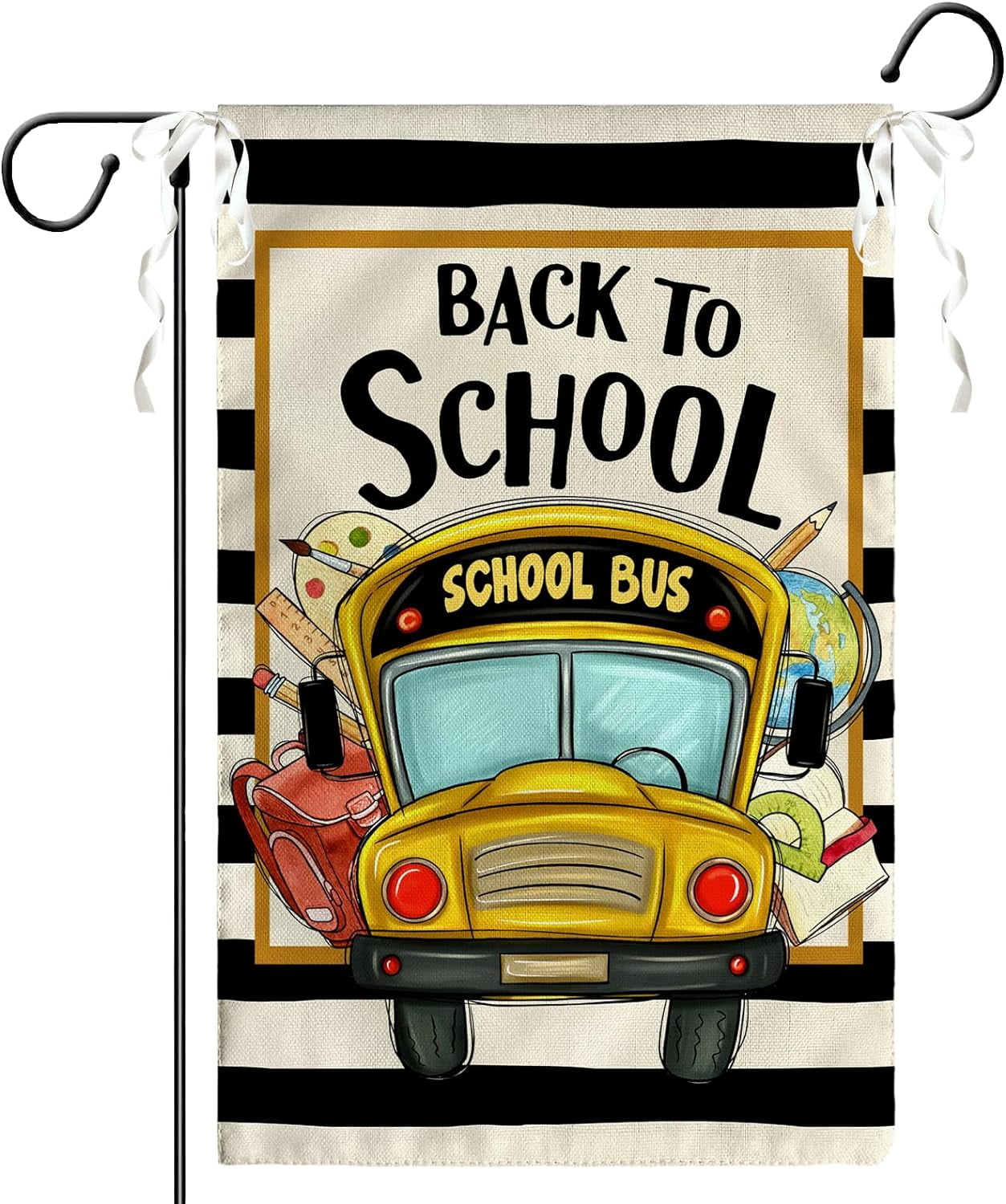 School Bus Back to School Garden Flag 12x18 Inch Black Stripes Burlap ...