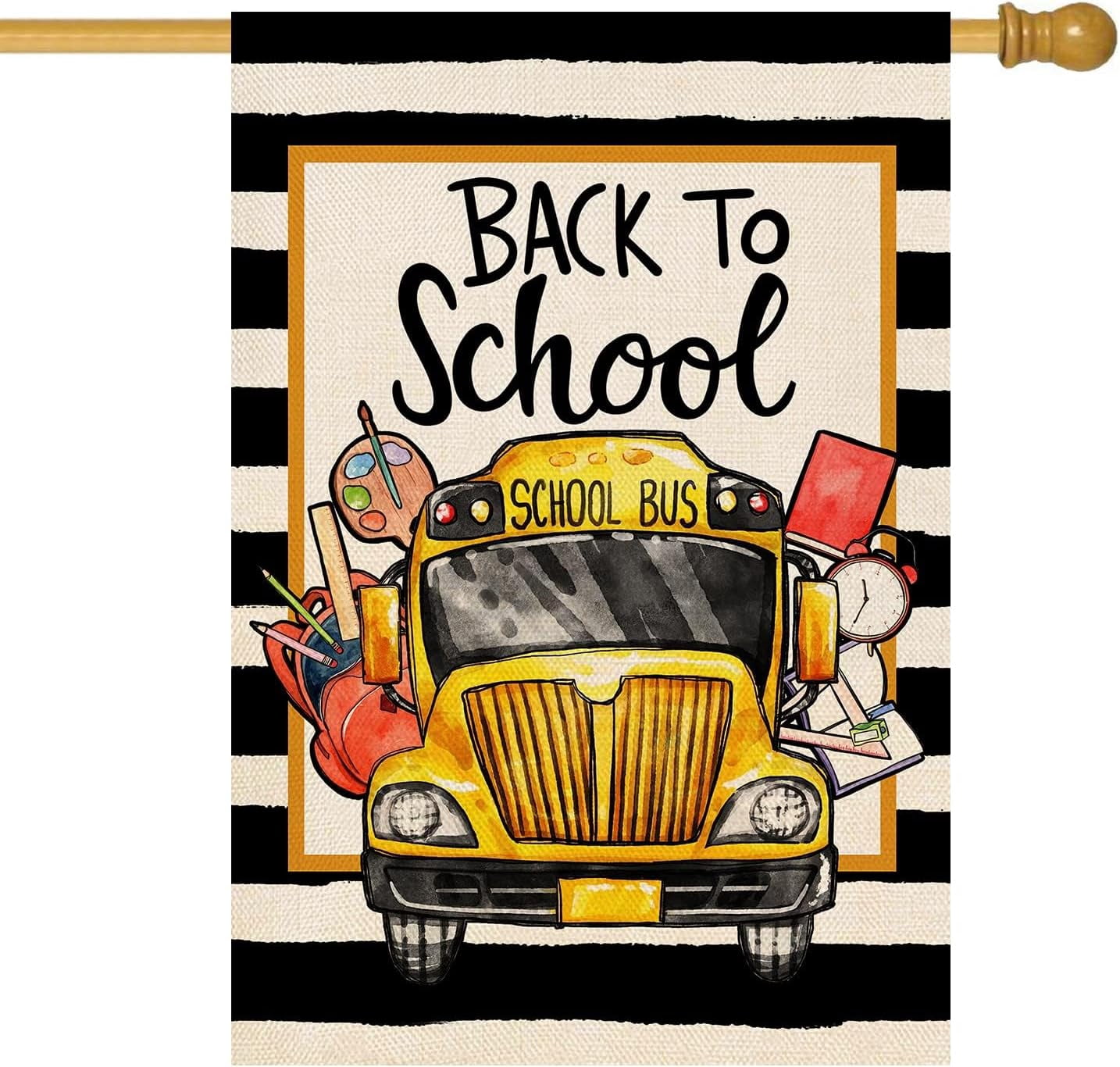 School Bus Back to School House Flag Burlap Black Stripes School First ...