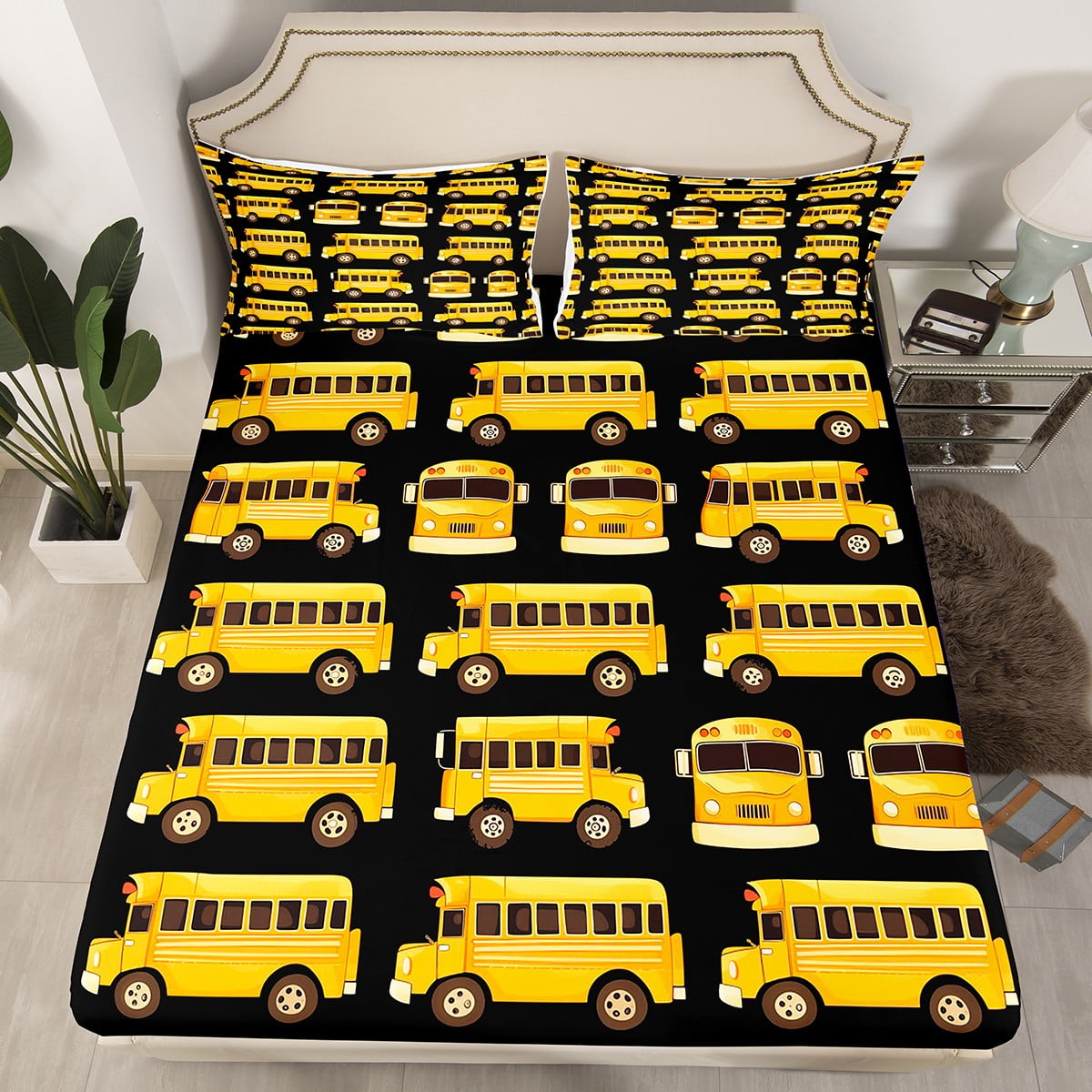 School Bus Bed Sheets Cartoon Vehicle Decor Fitted Sheet Full Size ...