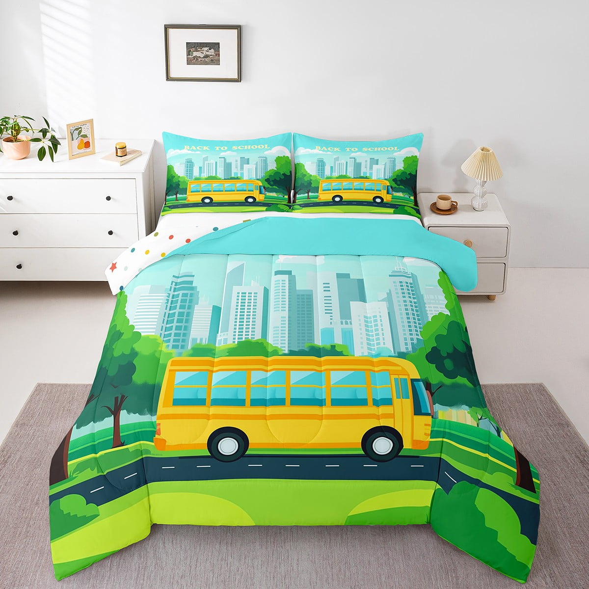School Bus Bedding 3 Pcs Yellow Cartoon Vehicle Comforter Set Green ...