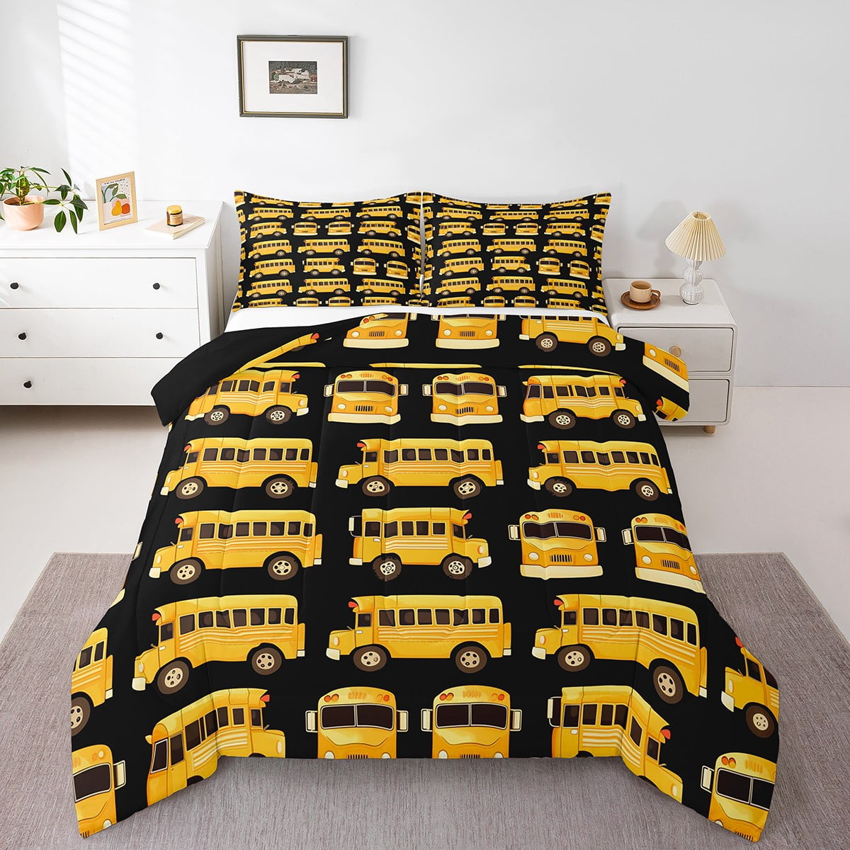 School Bus Bedding for Boys Girls Kids Cartoon Vehicle Decor Comforter ...