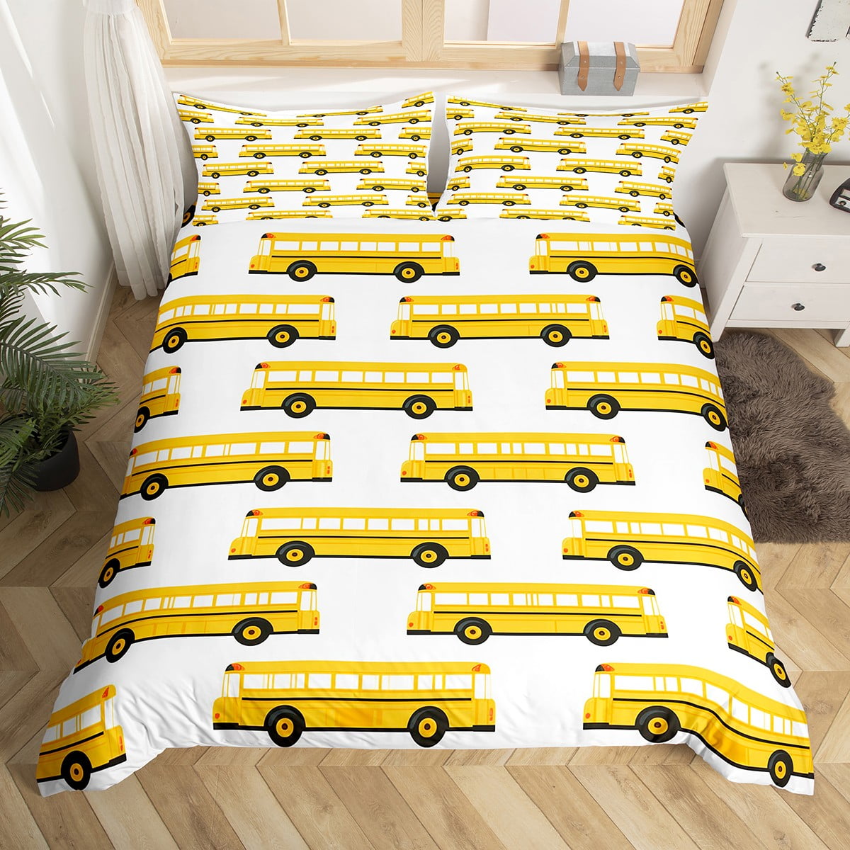 School Bus Bedding Set King Size Educational Themed Duvet Cover Yellow ...