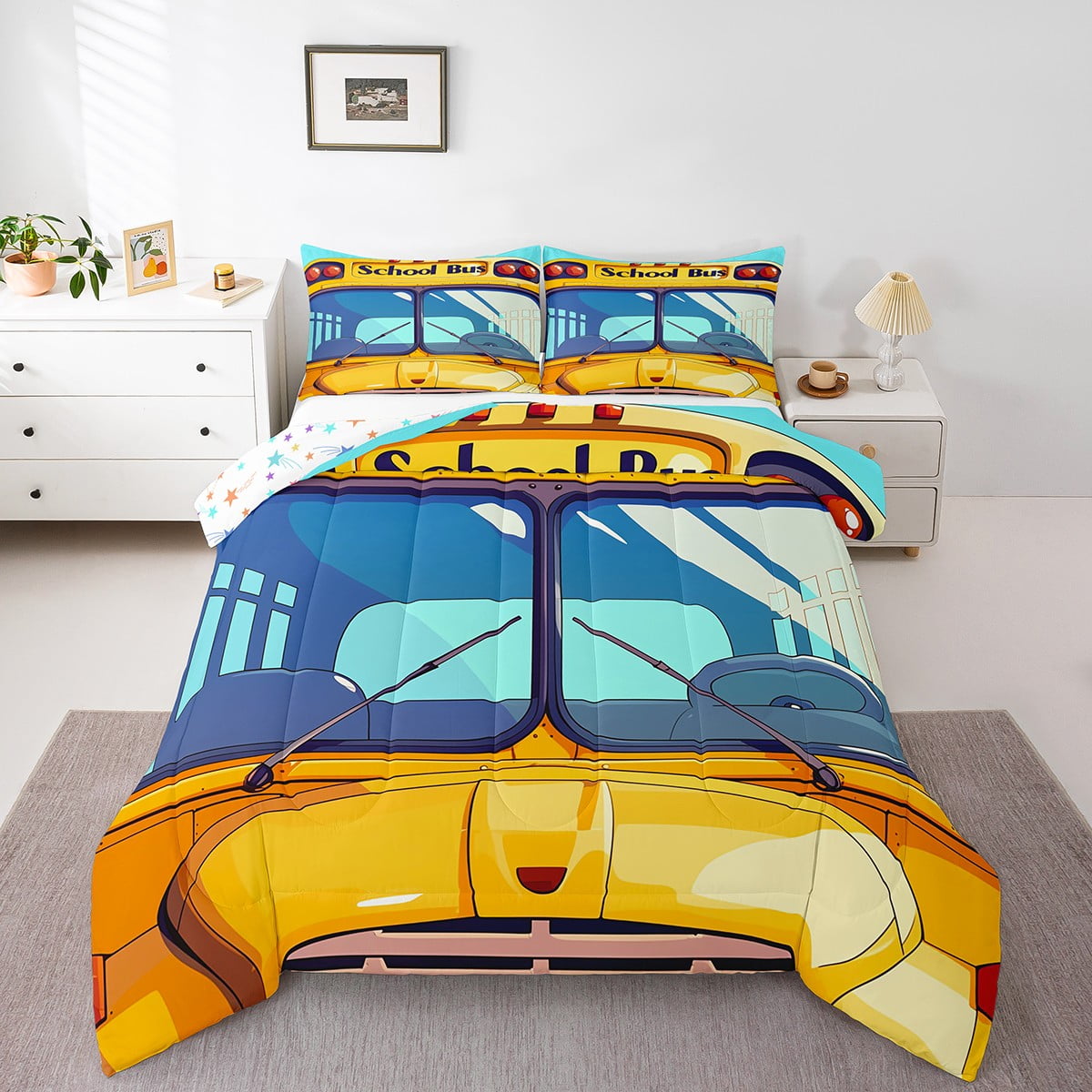 School Bus Bedding Toddler Size for Boys Girls Kids Cartoon Vehicle ...