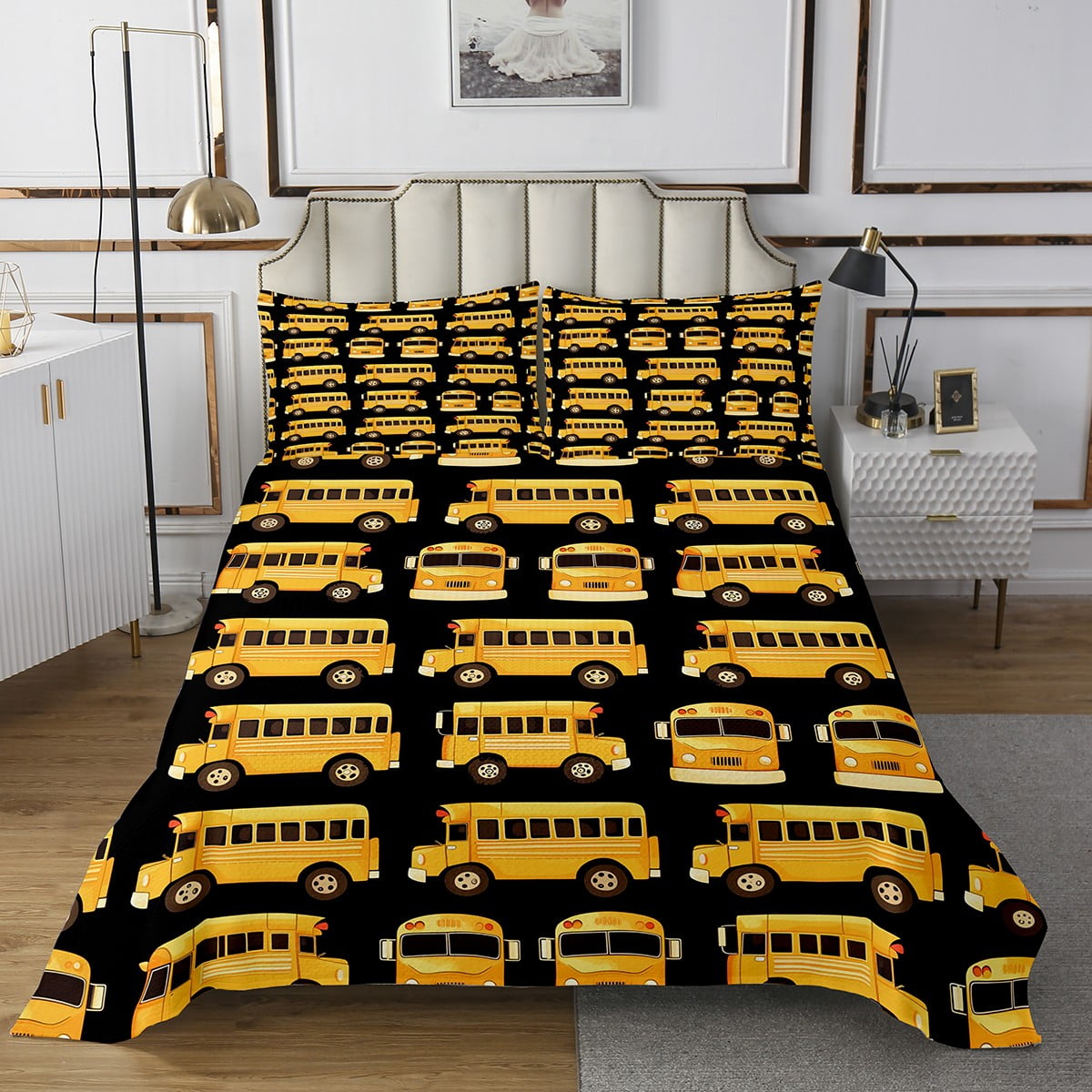 School Bus Bedspread Cartoon Vehicle Decor Quilt Set Twin Size ...
