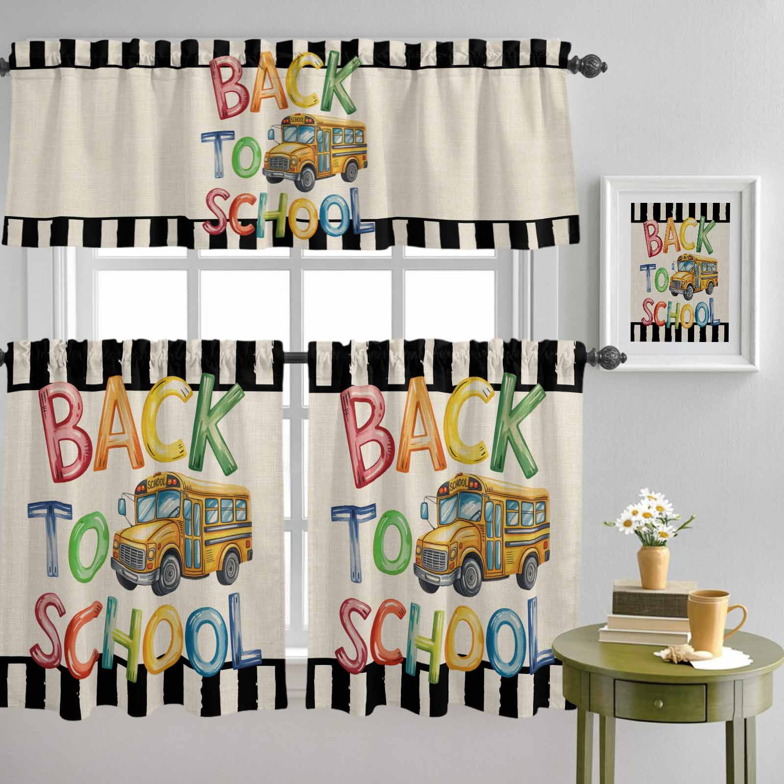 School Bus Black Stripe Burlap Curtain Tier and Valance Set 3 Piece ...