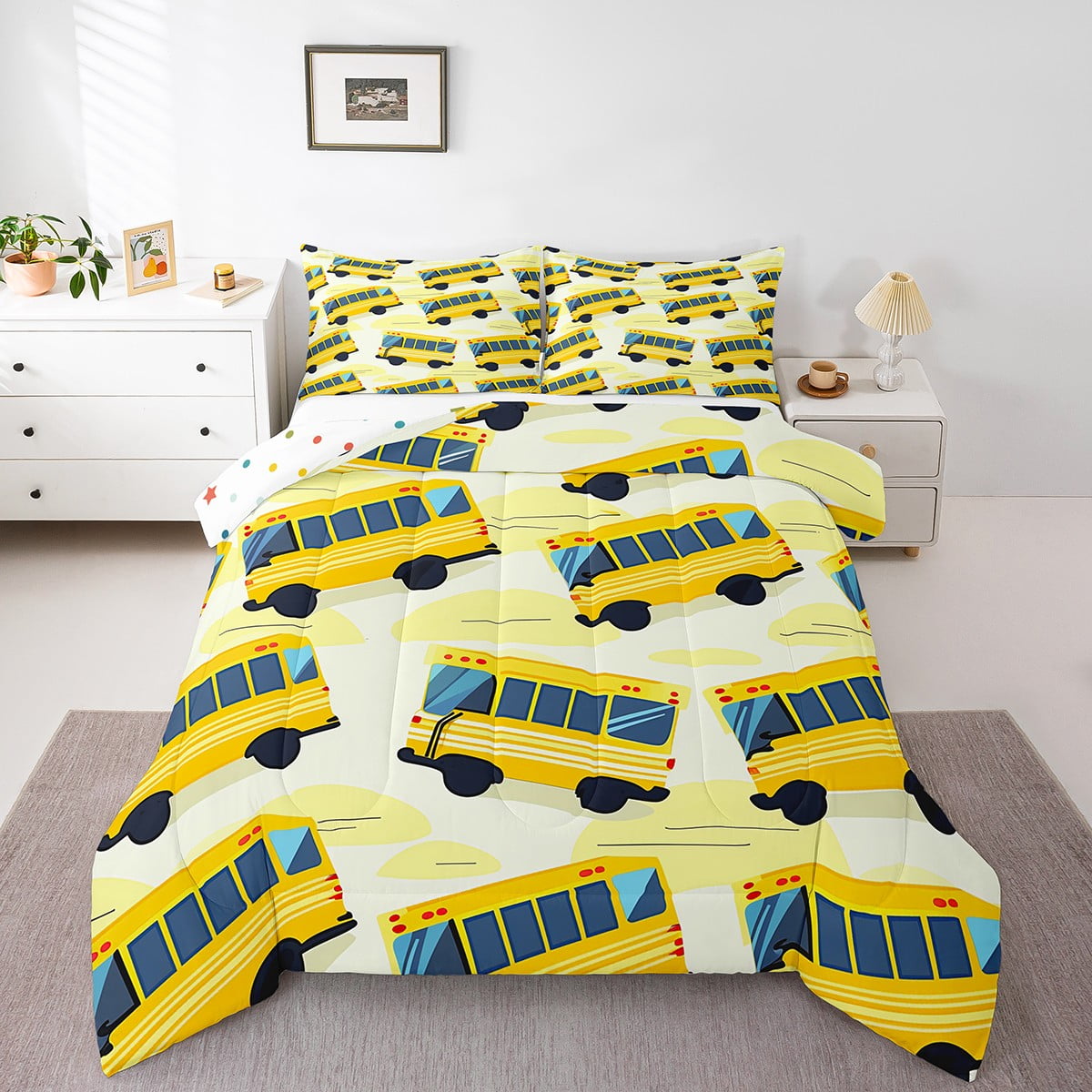 School Bus Comforter Set King Size Geometry Stripes Bedding Cartoon ...