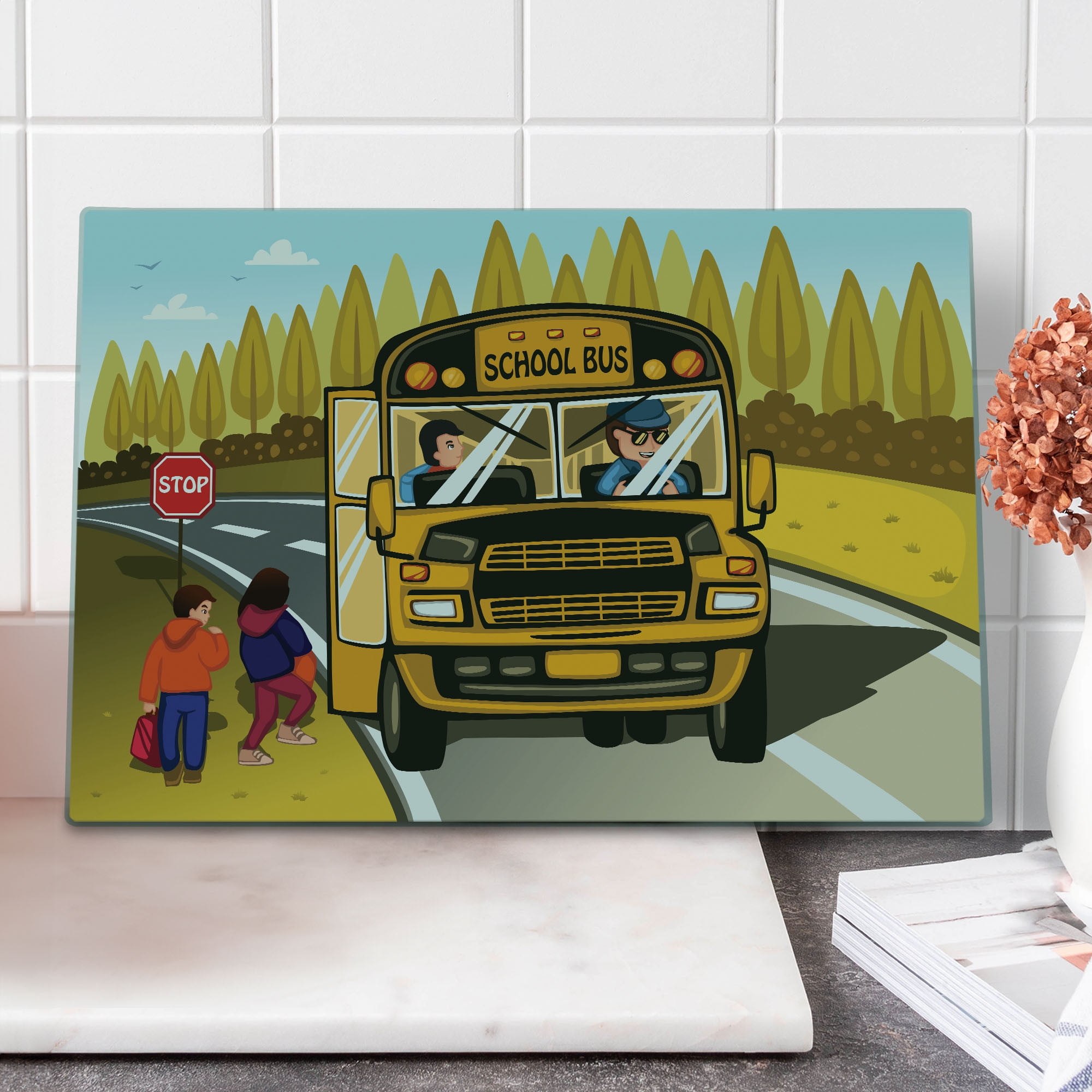 School Bus Cutting Board, Children Going on the Bus Country Road Stop ...